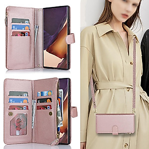 iCoverCase for Samsung Galaxy Note 20 Ultra Wallet Case with Card Holder for Women, Crossbody Lanyard Strap Kickstand PU Leather Case with Zipper Pocket Credit Card Slots Cover (Rose Gold)