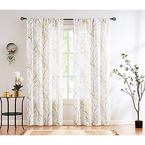 FMFUNCTEX Print Yellow Grey White Curtains for Living Room Linen Textured Tree Branches Pattern Window Treatment Set for Bedroom Window Drapes 50" W x 96" L - (2 Panels) Rod Pocket