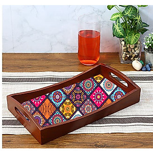 Mandala Printed Wood Serving Tray with Handles, Wooden Serving Tray, Snack Tray, Breakfast Tray, Great for, Breakfast, Coffee Tables, Homes, Restaurant Size- 15" x 10" x 1.75"