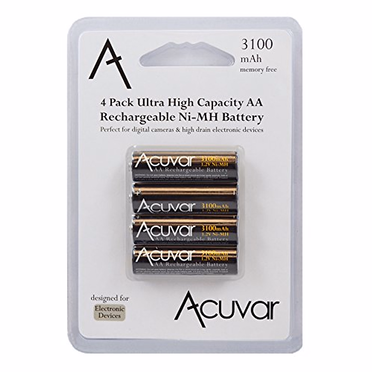 Acuvar 4 High Capacity AA Rechargeable Batteries 3100mAh NiMH