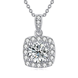 AHTAMOS Moissanite Necklace 1ct 6.5mm 18k White Gold Plated Silver D Color Round Brilliant Cut Halo Pendant Necklace for Women 18+2 Inches Style 1