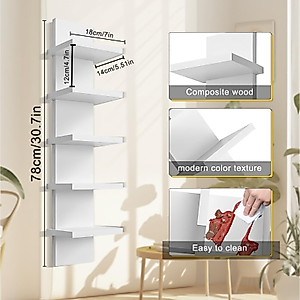 5 Tier Wall Shelf Unit - Narrow Smooth Laminate Finish - Vertical Column Wall Decor Mount Floating Storage Home Decor Organizer Tall Tower Utility Shelf for Bedrooms, Bathrooms，Living Rooms(White)