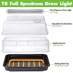 Seed Starter Tray with T8 Grow Light, Seedling Heat Tray Mini Greenhouse with 15'' Humidity Domes and Height Extension, Plant Sprouting Germination Propagation Kit Indoor Gardening Supplies