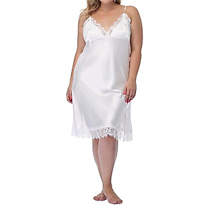 Women's Plus Size Full Slips Lace Chemise Lingeries Sexy Front Slit Negligees Silky Nightgown Sleepwear White