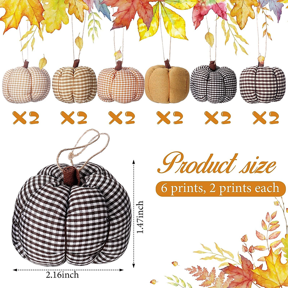 Hiboom 12 Pcs Farmhouse Fall Thanksgiving Decor Plaid Fabric Acorns Pumpkin Hanging Ornaments Autumn Tray Table Decor Thanksgiving Tree Decoration (Pumpkin)