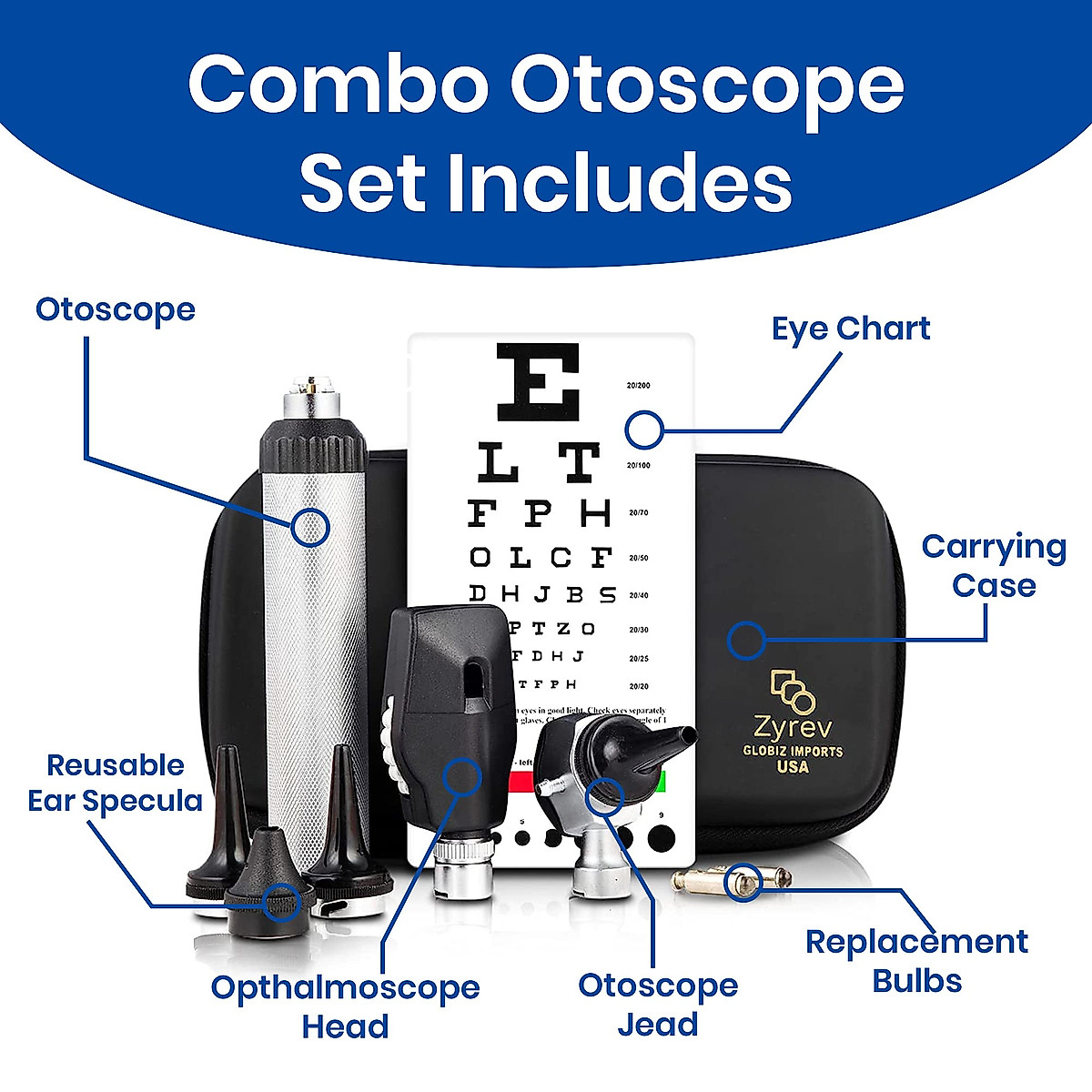 Zyrev Combo Otoscope Oph Set - Multi-Function Otoscope/Opthalmoscope for Ear & Eye Examination with Portable Carry Case, Sight Chart & Replacement Tips (1st Edition)