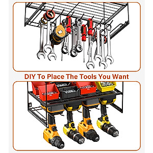 JUNNUJ Power Tool Organizer with 10 Outlet Power Strip, 3 Layer Wall Mount Drill Holder with Charging Station, 4 Drills Storage Shelf Shop Garage Utility Rack, Black