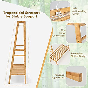 Giantex 3 Tier Bamboo Clothing Rack with Shelves, Heavy Duty Freestanding Clothes Organizer Rack with Coat Hooks, Anti-toppling Device, Cloth Hanger Standing Garment Racks for for Hanging Clothes