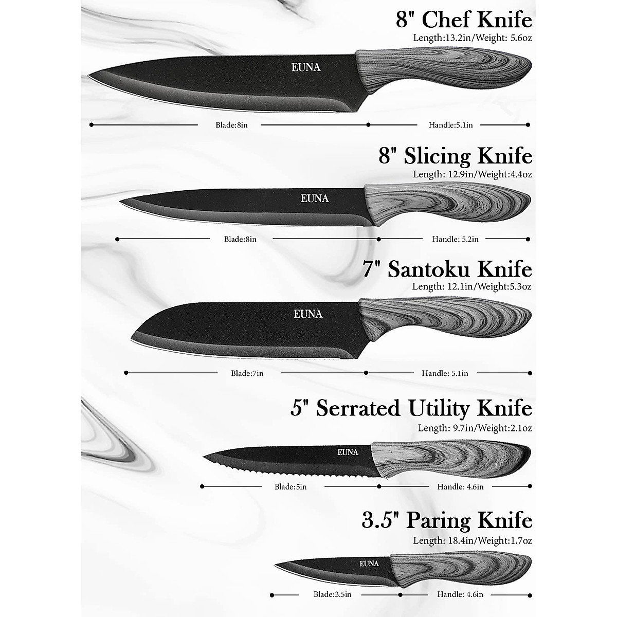 EUNA 9 Piece Kitchen Knife Set, Sharp Chef Knives Stainless Steel Cooking Knife Set (Included : 5 PCS Kitchen Knife Set and 4 PCS Steak Knife Set with 2 Gift boxs)