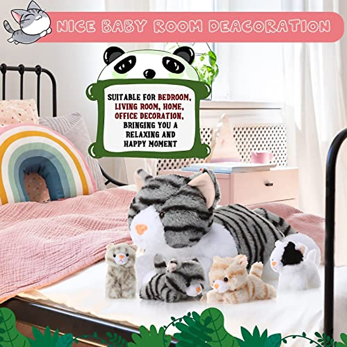 Skylety 5 Pieces Stuffed Animal Plush Cat Set Include Large Soft Cuddly with 4 Cute Fluffy Plush Kittens in Mommy Cat's Belly Nurturing Cat Huggable Sleeping Birthday Gifts (Gray)