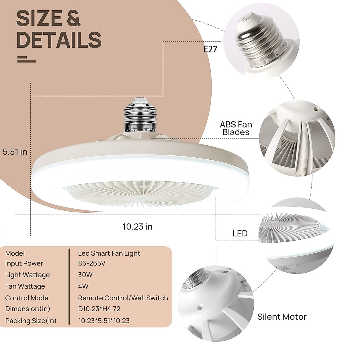 BaoBrot 10" Socket Fan Light,Small Mini Ceiling Fan With Lights Remote,3 speeds 3 Color Dimming Plug in Ceiling Fan, Family Summer Gift for Garage Tool Room and Store Room