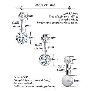 14G Belly Button Rings Belly Rings for Women Men Stainless Steel CZ Belly Piercing Jewelry Surgical Steel Clicker Belly Button rings Curved Navel Ring Barbell Body Jewelry Piercing Silver 14mm 6Pcs