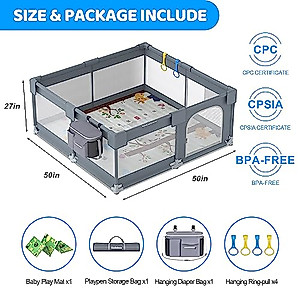Baby Playpen with Mat Included - KIDLEBEE 50” x 50” Kids Play Pen Toddler Safety Play Yard Infant Fence Indoor Activity Center with Soft Breathable Mesh, Anti-Slip Base, Zipper Gate (Gray)