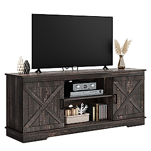 YITAHOME TV Console for 65 Inch TV, Farmhouse TV Stand with Double Barn Doors and Storage Cabinets, Mid Century Modern Media Console Table TV Cabinet for Living Room, 59 Inches, Dark Oak
