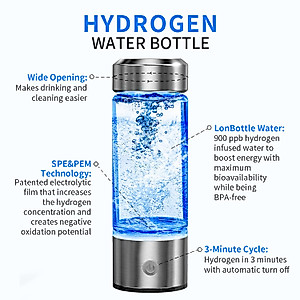 Hydrogen Water Bottle, Portable Hydrogen Water Ionizer Machine, Hydrogen Water Generator, Rechargeable Hydrogen Rich Water Glass Health Cup for Home Travel（Silver）