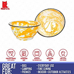 Red Co. Set of 2 Enamelware Metal Large Classic 4 quart Round Salad Serving Bowl, Yellow Swirls/Black Rim