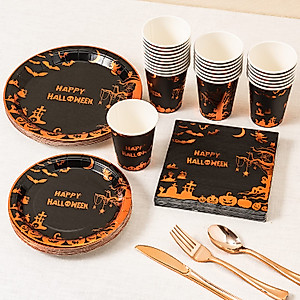 Crisky Happy Halloween Napkins Plates Cups Tableware Set of 24 for Halloween Party Decorations Halloween Party Supplies, Set of 24 (9" Plates,7" Plates, Luncheon Napkins, 9oz Cups)