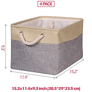 TENABORT Set of 4 Large Storage Basket Bin, Foldable Storage Cube Box Canvas Fabric Collapsible Organizer with Handles for Closet Home Office Clothes Shelf Nursery, Grey and Beige