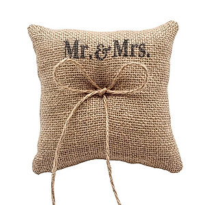 lasenersm Hessian Burlap Jute Bow Twine Bridal Wedding Ring Pillow 15 x 15cm Mr & Mrs Vintage Burlap Wedding Ring Bearer Pillow Cushion for Wedding or Jewelry Shop Display Jewelry Ring