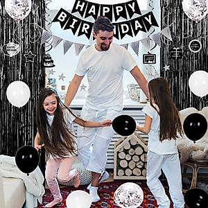 Birthday Decorations Black and White for Men Women, 74Pcs Happy Birthday Balloons Set for Boys Girls with Bday Tablecloth Fringe Curtains Swirls for 16th 18th 21st 30th 35th 40th 45th 50th 60th 70th