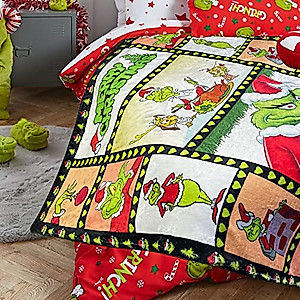 Christmas Fleece Blankets Super Soft Bed-Throw Blanket Green Christmas Grinchy Cartoon Mosaic Warm Bed Blanket for Sofa Chair Bed Living Room Funny Stitching Winter Companion Blessing 60"x80"