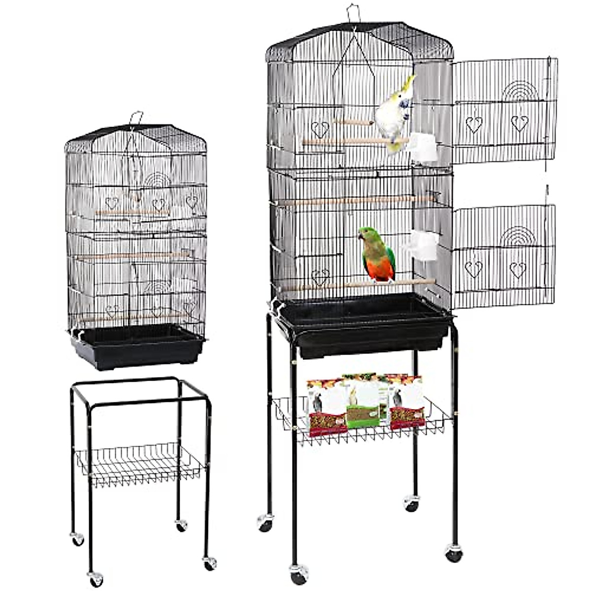 59.3 Inches Medium Bird Cage Rolling Stand Wrought Iron Construction Lovebird House Pet Supplies with Storage Shelf for Parrot Cockatiel Cockatoo Parakeet Macaw Finches