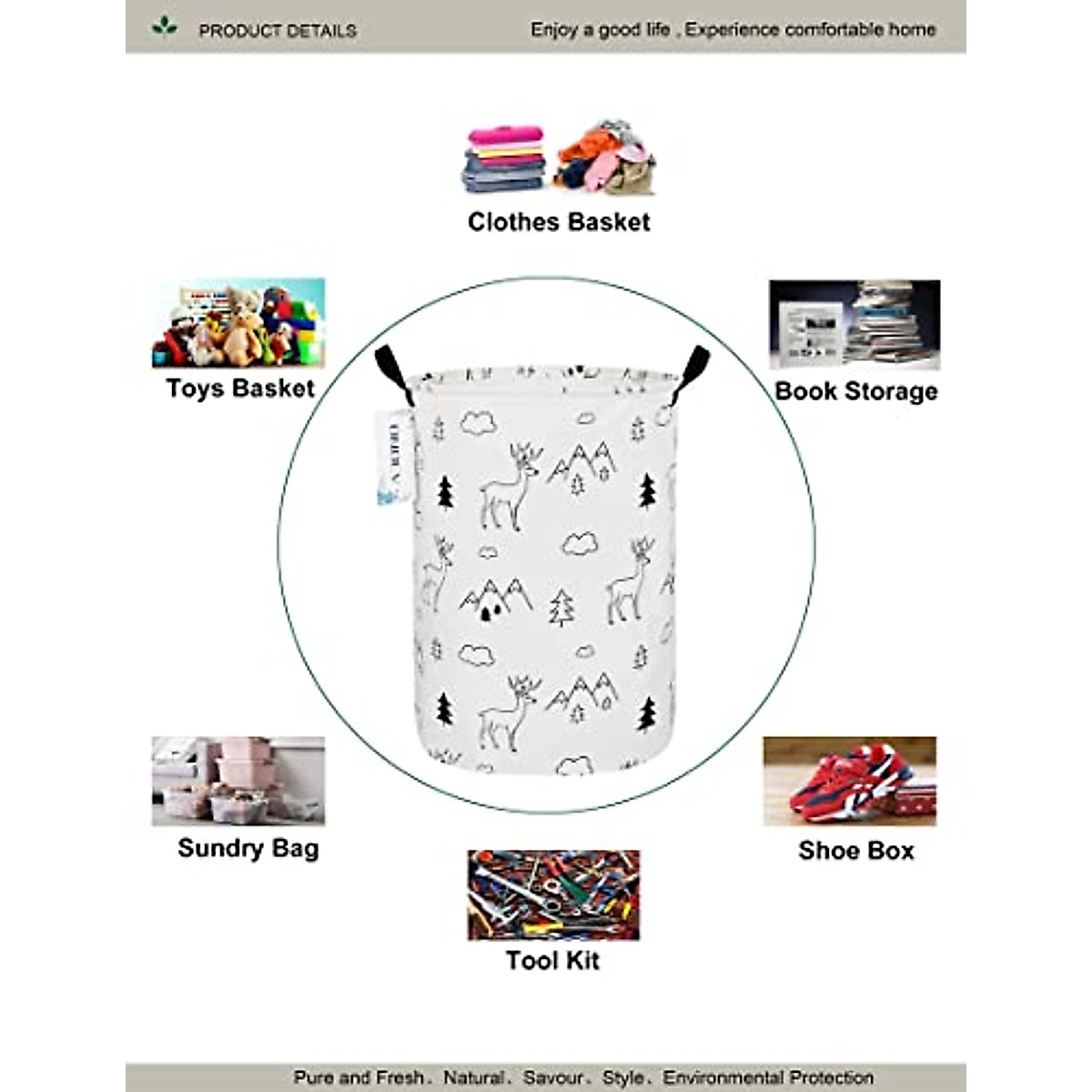 ONOEV Round Fabric Storage Bin,Decorative Basket,Organizer Basket with Handles,for Clothes Storage,books and sundries(Forest deer), 19.7inch(H) x 15.7inch(D)