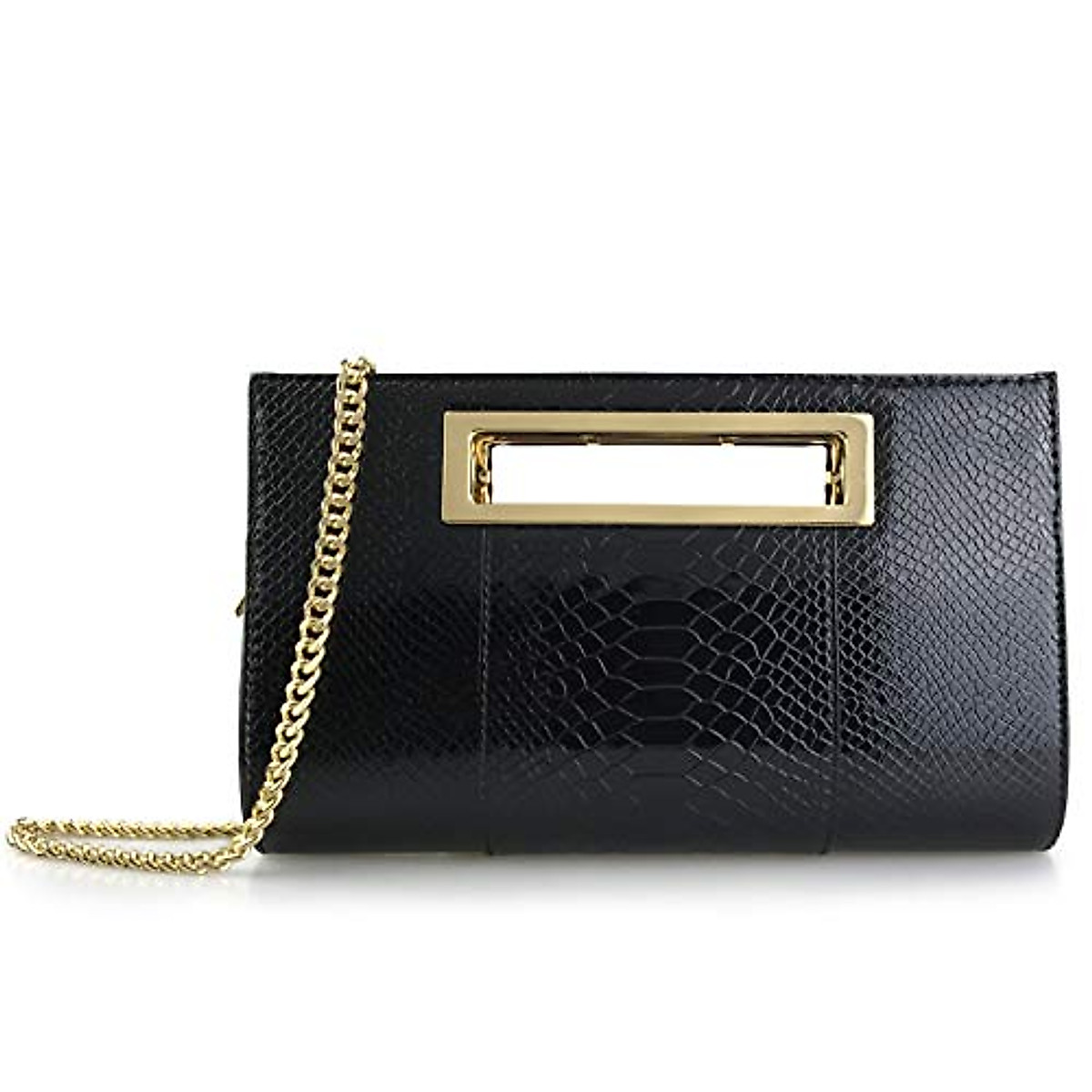 HOXIS Classic Crocodile Pattern Faux Patent Leather Metal Grip Cut it out Clutch with Shoulder Strap Womens Handbag(Black)