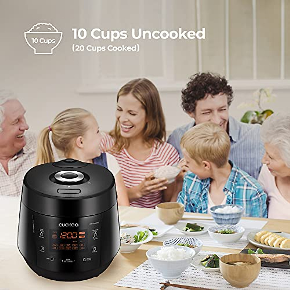 CUCKOO CRP-PK1001S | 10-Cup (Uncooked) Pressure Rice Cooker | 12 Menu Options: Quinoa, Scorched Rice, GABA/Brown Rice, Multi-Grain & More, Voice Guide, Made in Korea | Black