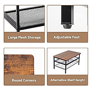 BETTAHOME 2 Piece Industrial Coffee Table Set, Detachable Nesting Rectangular and Round Side Table with Storage Shelf, Ideal for Living Room, Small Spaces Rustic Brown BT003