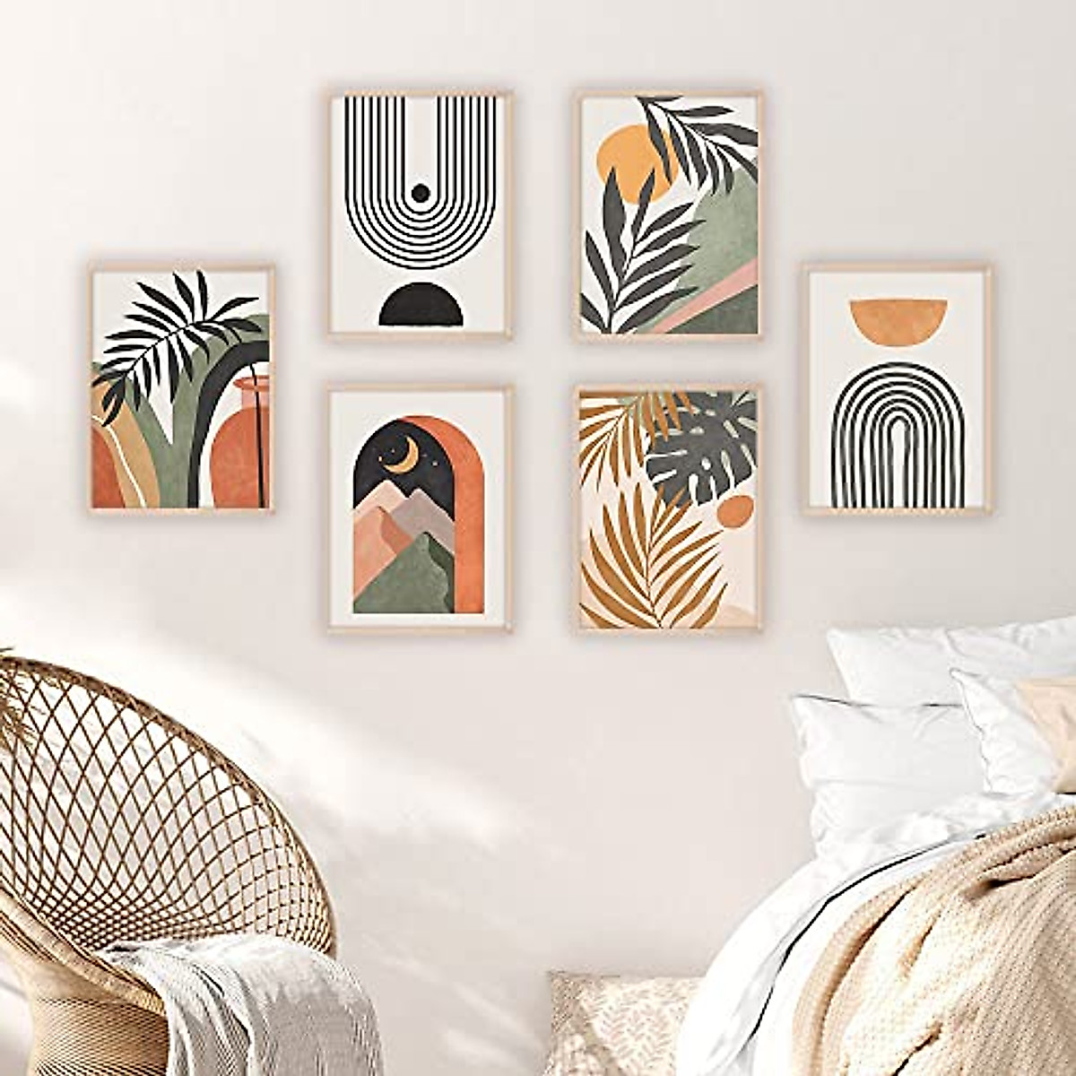 Canssape Boho Wall Art Set of 6 Geometric Abstract Wall Poster for Bedroom Mid Century Modern Wall Art 8"x10"Boho Wall Decor for Room Aesthetic (Unframed)(Green)