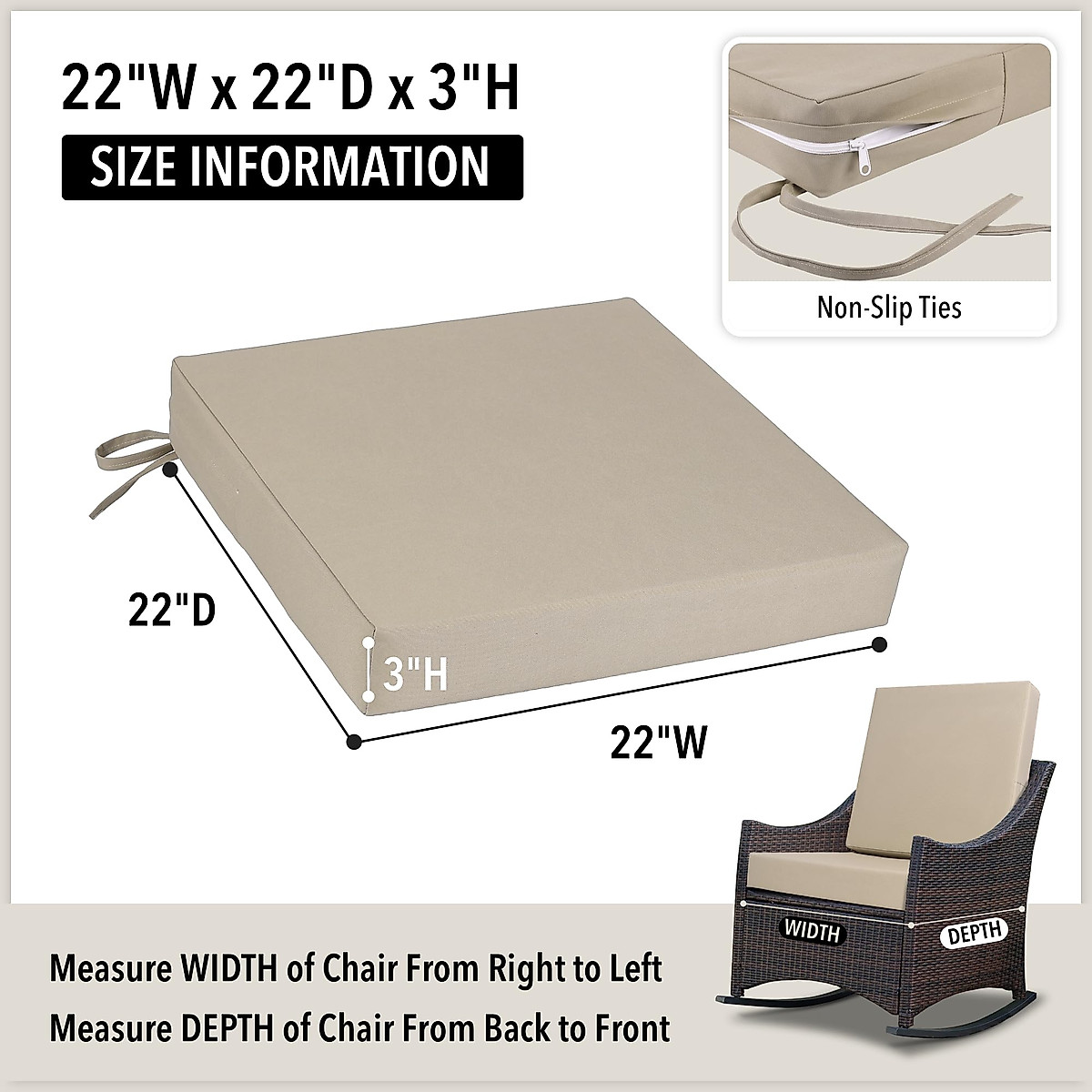 Tromlycs Outdoor Chair Cushions for Patio Furniture Set of 2 Seat Waterproof Outside 22 x 22 Inch Square with Ties Beige