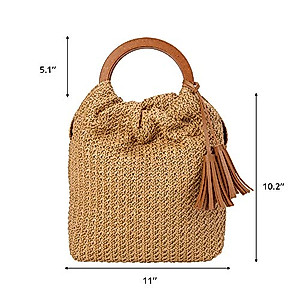 QTKJ Hand-woven Large Straw Tote Bag with Brown Leather Tassels Boho Brown Wooden Round Handle Tote Retro Summer Beach Bag Rattan Handbag (Light Coffee)