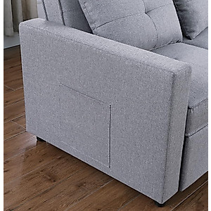 Favfurish 80'' L-Shape Convertible Sleeper Sectional Sofa with Pull-Out Recliner and Bed, Side Pocket, Linen Corner 3 Person Couch for Home Furniture, Living Room, Apartment, Dorm, Light Grey