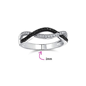 Two Tone Intertwined Twist Knot 1/2 Eternity Black & White Pave Cubic Zirconia CZ Infinity Band Ring For Women Girlfriend .925 Sterling Silver