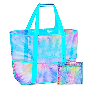 Nidoul Mesh Beach Bag, Beach Tote Bag with Zipper Pocket, Packable Large Beach Bags for Women Kids Vacation Travel Pool Swim