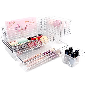 ATVAX 15 PCS Drawer Organizers with Non-Slip Silicone Pads Clear Plastic Drawer Organizers Set Clear Desk Drawer Organizer Trays Storage Bins