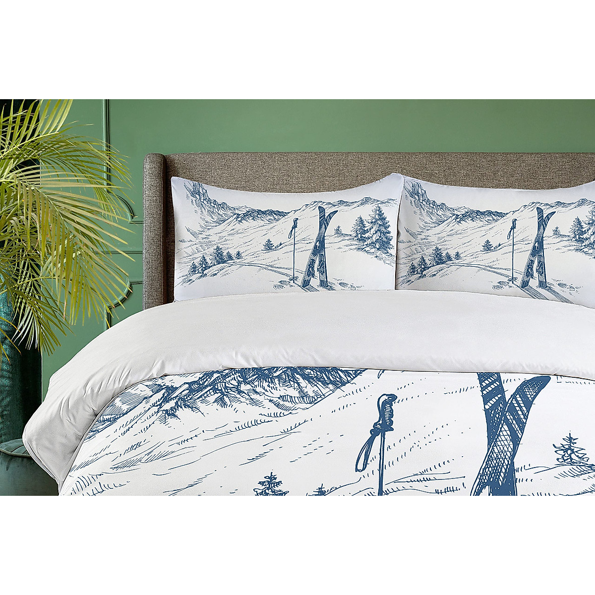Ambesonne Winter Duvet Cover Set, Sketchy Graphic of a Downhill Ski Elements in Snow Relax Calm View, Decorative 3 Piece Bedding Set with 2 Pillow Shams, California King, Blue White