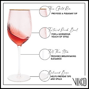 Vikko Décor Wine Glasses, Set of 2 Peach Blown Glass with Gold Rim, 11 Ounce Fancy Wine Glasses With Stem for Red and White Wine, Dishwasher Safe Goblets, Decorative Wine Glasses