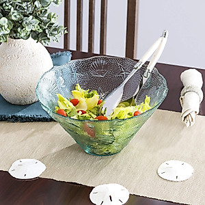 French Home Recycled Clear Glass 12" W x 6" H, Coastal Salad Bowl and Laguiole Salad Servers with Faux Ivory Handles