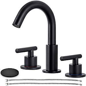 Qomolangma Black Bathroom Faucets for Sink 3 Hole, 8 inch Widespread Bathroom Faucet, 2-Handle Bathroom Sink Faucet, 360° Swivel Spout Lavatory Sink Faucet with Water Supply Lines & Pop Up Drain