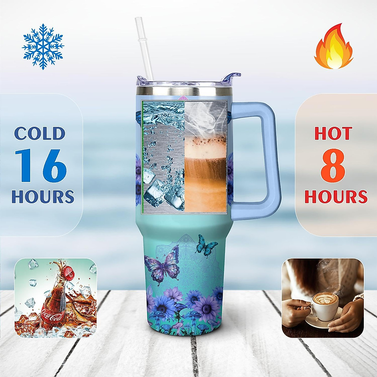 wxmbdzq 40 oz Butterfly Tumbler with Handle and Straw Lid,Leak Proof Travel Stainless Insulated Tumbler,Cup Holder Friendly,Perfect for Outdoor Travel Car and Sports