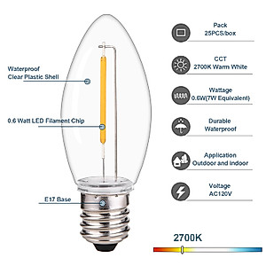 BORT 25 Pack C9 LED Replacement Light Bulb, C9 LED Bulbs for Christmas Outdoor String Lights, E17 Intermediate Base, Commercial Grade Holiday Bulbs Warm White 2700K