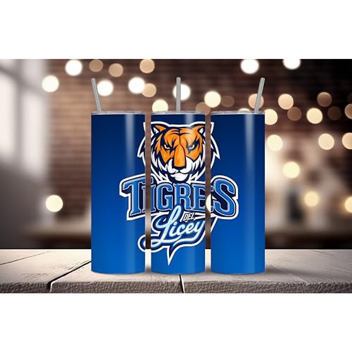 Licey Dominican Team Tumbler, 20 oz Stainless Steel Baseball Themed Tumbler, Double Wall for Hot and Cold Drinks, Cute Design with Lid, Brush and Straw, Non-Slip Base, Travel Mug. (Blue)