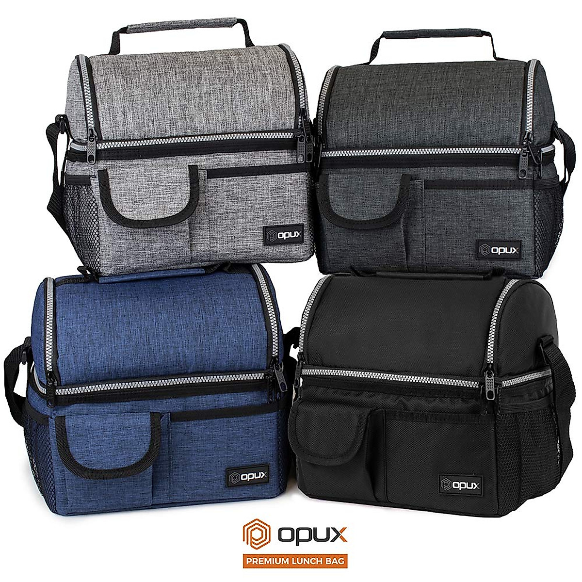 opux Insulated Dual Compartment Lunch Bag for Men, Women | Double Deck Reusable Lunch Pail Cooler Bag, Soft Leakproof Liner | Large Lunch Box Tote for Work, School (Black)