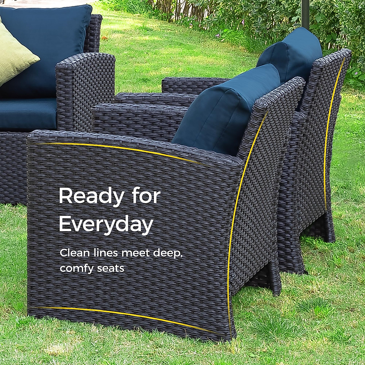 Green4ever 6 Pieces Patio Furniture Sets, All-Weather Outdoor Sectional Sofa Wicker Rattan Couch Modern Conversation Set with Coffee Table and Blue Cushion for Backyard, Garden