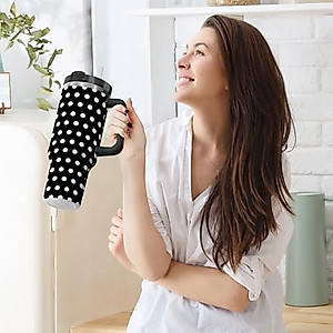 Flradish 40oz Tumbler with Handle, Polka Dots Black White Stainless Steel Tumbler with Lid and Straws Double Wall Vacuum Insulated Leakproof Coffee Travel Mug