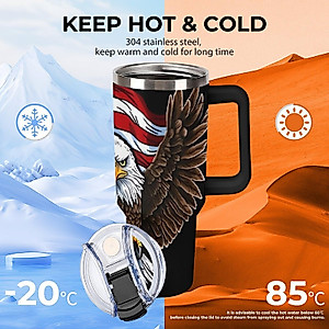 USA Flag Patriotic Eagle Insulated Stainless Steel Travel Mug, 40 Oz Tumbler with Handle And Straw Double-Wall Vacuum Coffee Cup, Leak-Proof Lid, Keeps Drinks Hot/Cold for Hours