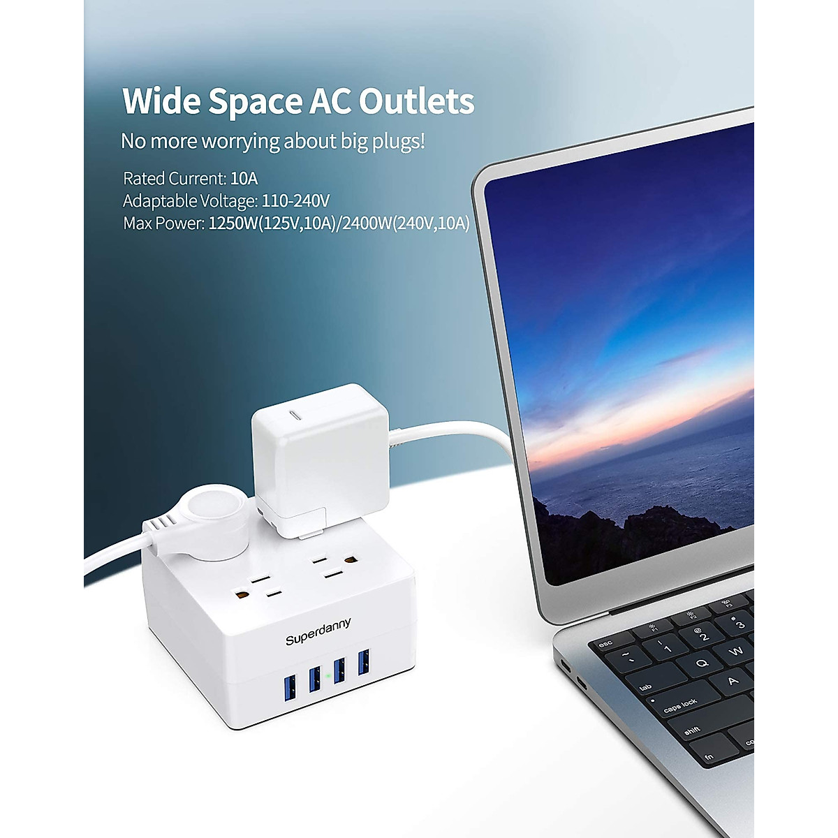 Power Strip, SUPERDANNY Surge Protector, Desktop Charging Station, 4 Outlets, 4 USB Ports, 900 Joules, 5 Ft Extension Cord, Grounded, 3-Prong, Wall Mount, for Home, Office, Hotel, Dorm
