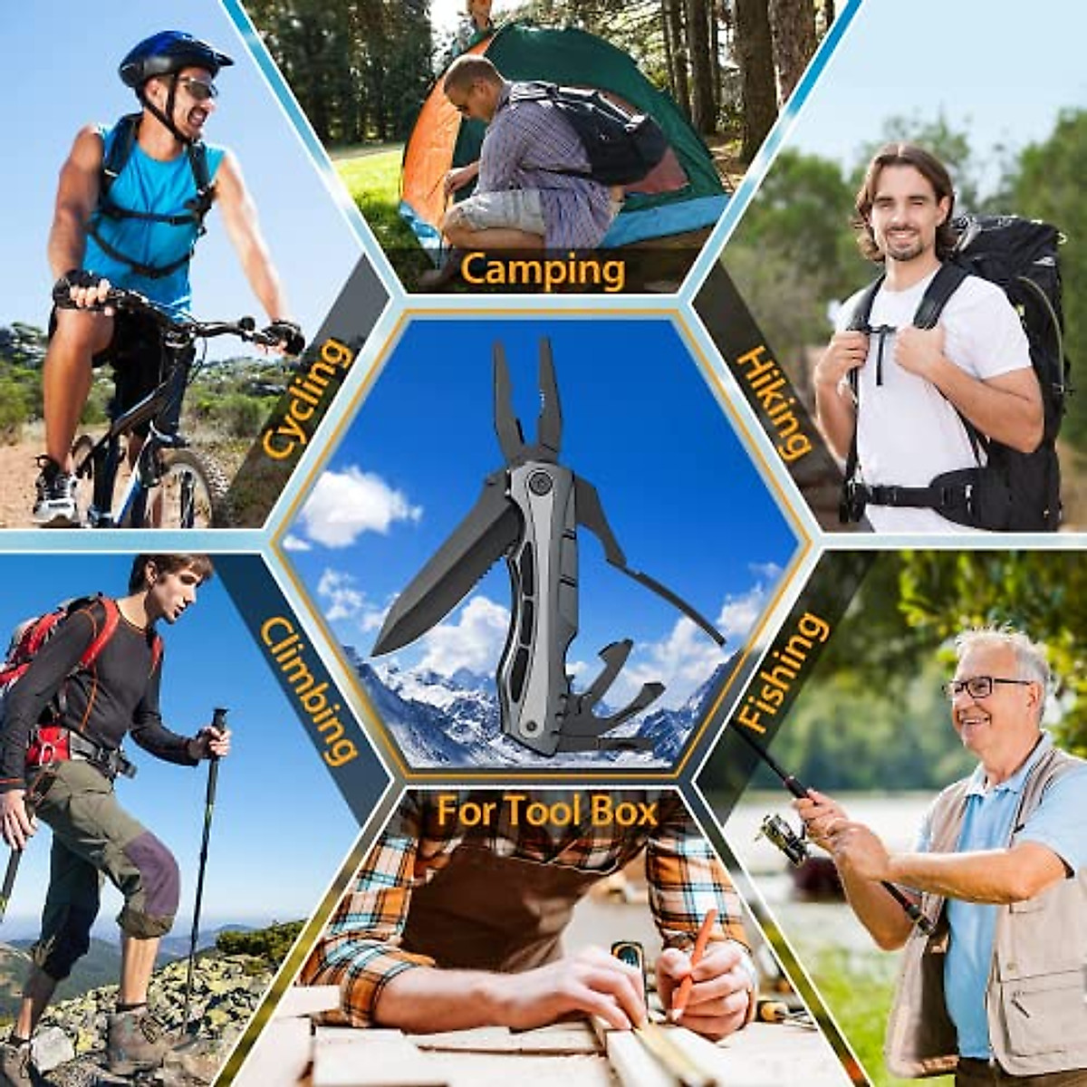 Camping Accessories Multitool Gifts for Men - 16-in-1 Multi Tool Camping Knife Christmas Stocking Stuffers Survival Kit with Pouch Pocket Knife Pliers, Safety Lock, EDC Cool Utility Gadget Women Gifts